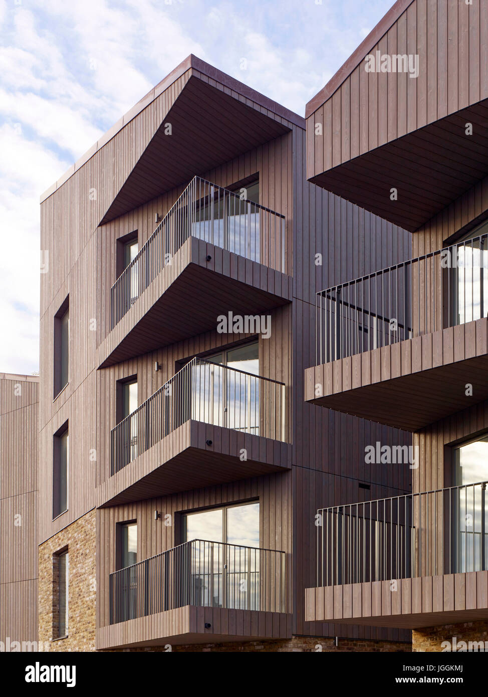 Timber facades with protruding balconies. Bruyn's Court, South Ockendon ...