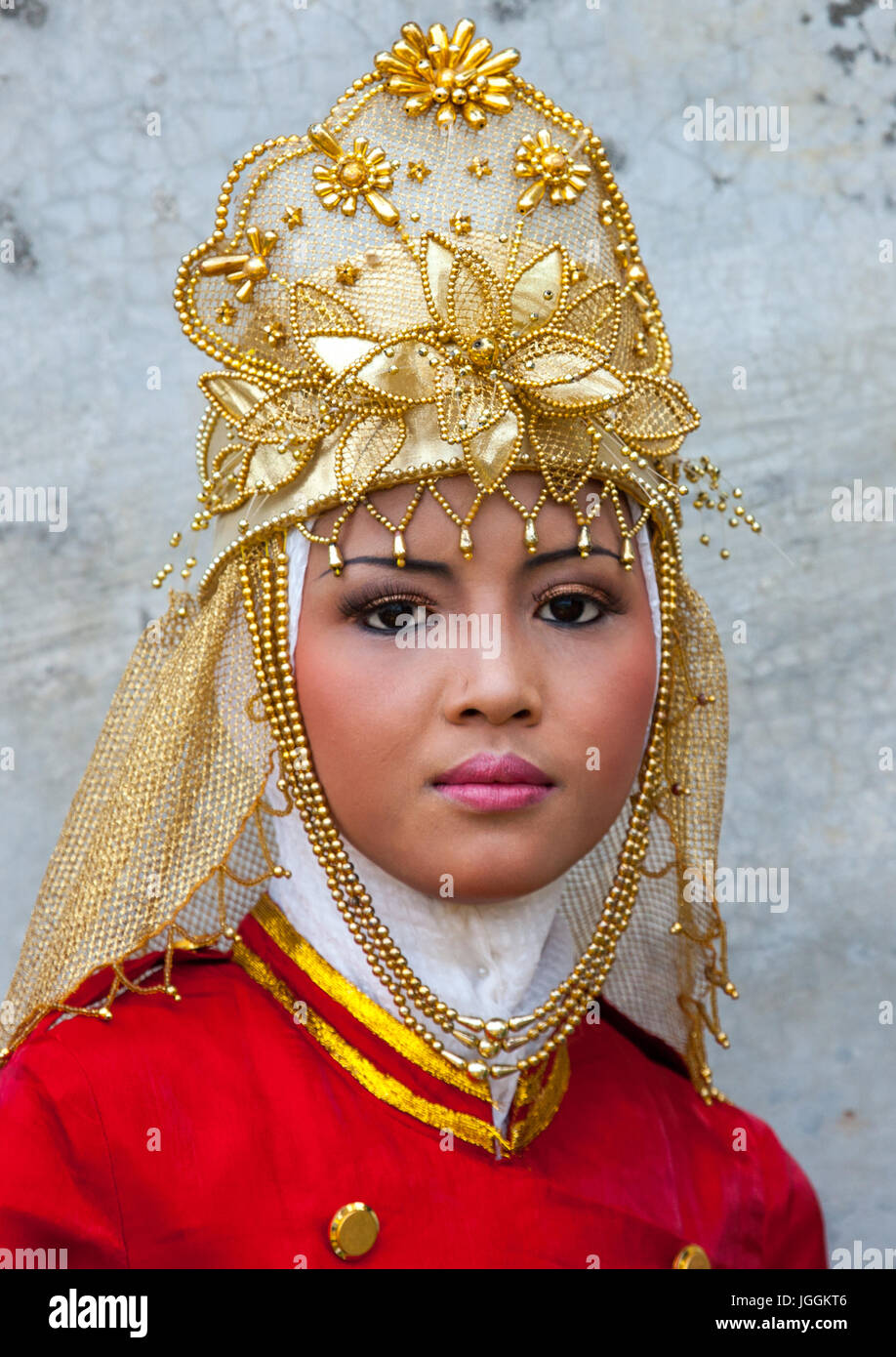 portrait of a beautiful Muslim cheerleader, Central Java, Borobudur ...
