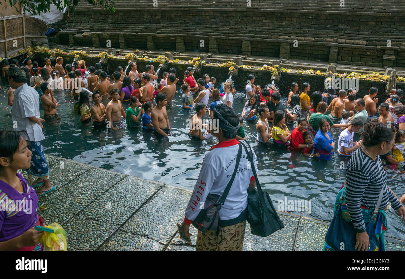 Worshipers taking a bath in the purifying pool at Tirta Empul temple ...