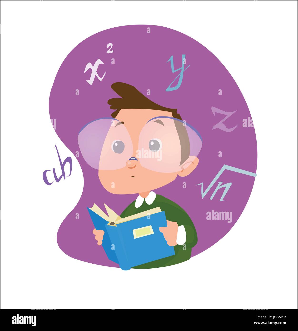 Digital vector funny cartoon happy genius kid boy with glasses reading ...