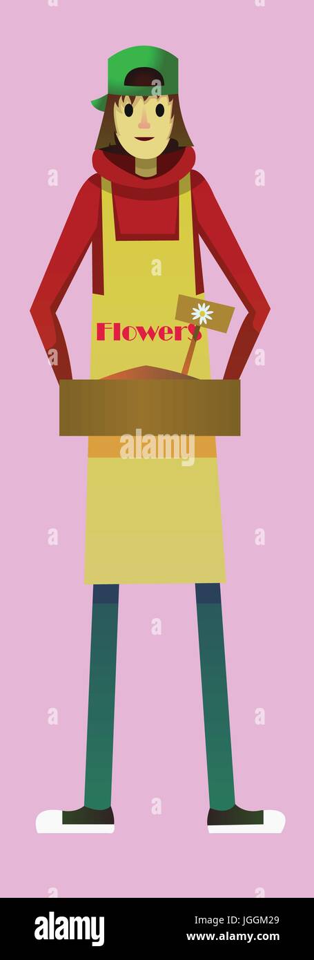 Digital vector kid cartoon simple character delivering flowers worker ...