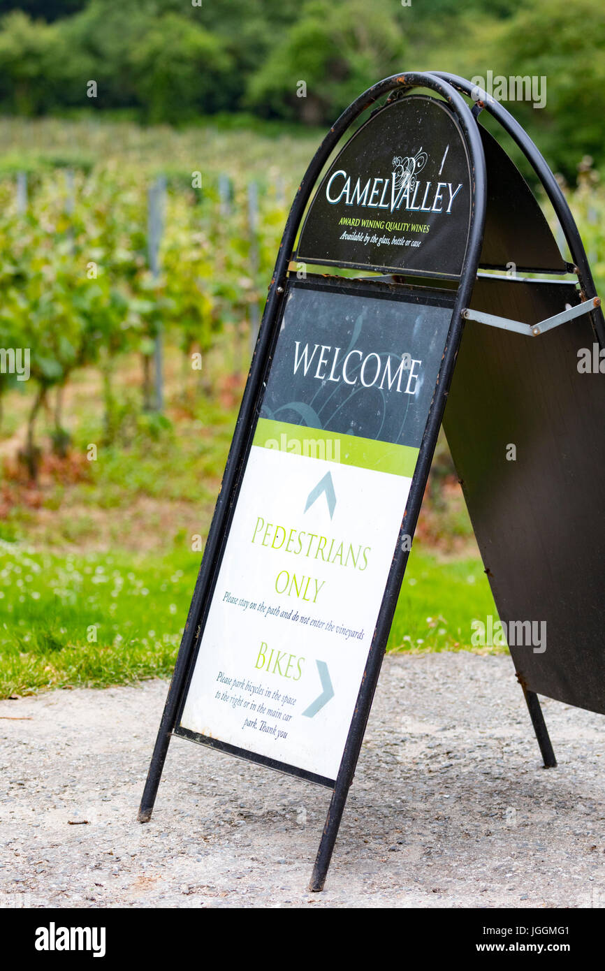 Signage at the popular and award winning Camel Valley Vineyard showing ...