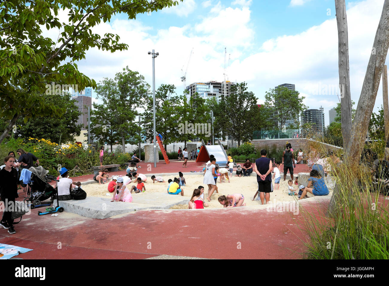 Childrens playground sandpit with kids playing in the Queen Elizabeth ...