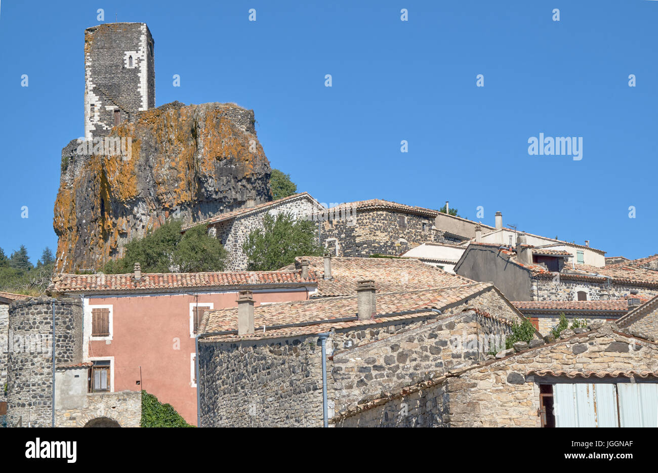 buildings and tower of the medieval town of Mirabel in France Stock ...