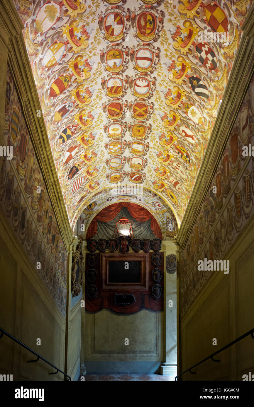 Vaulted ceiling over stairs in the Archiginnasio of the University of ...