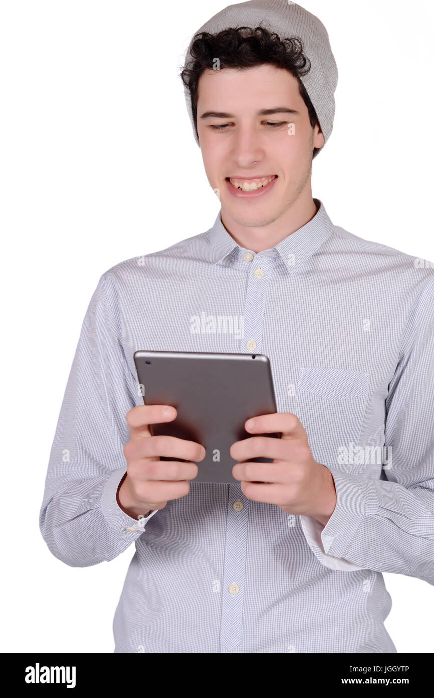 Portrait Of Young Handsome Man Using Tablet Isolated White Background