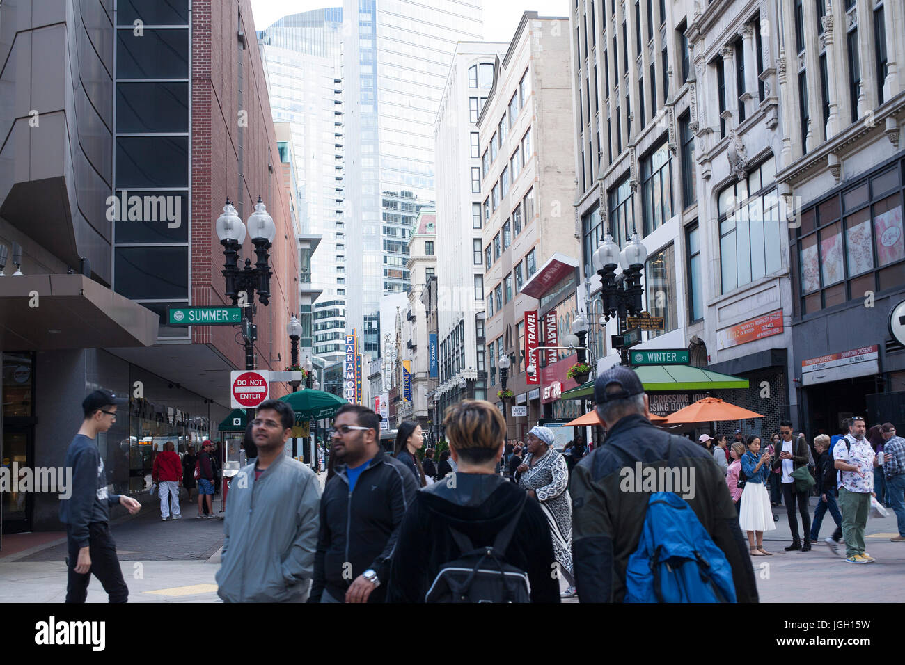 Busy corner of Winter and Summer Streets in Downtown Crossing in Boston ...