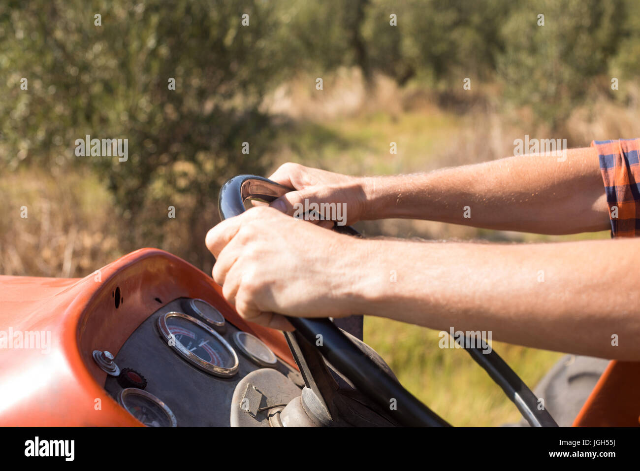 Close-up of man driving tractor in olive farm on a sunny day Stock ...