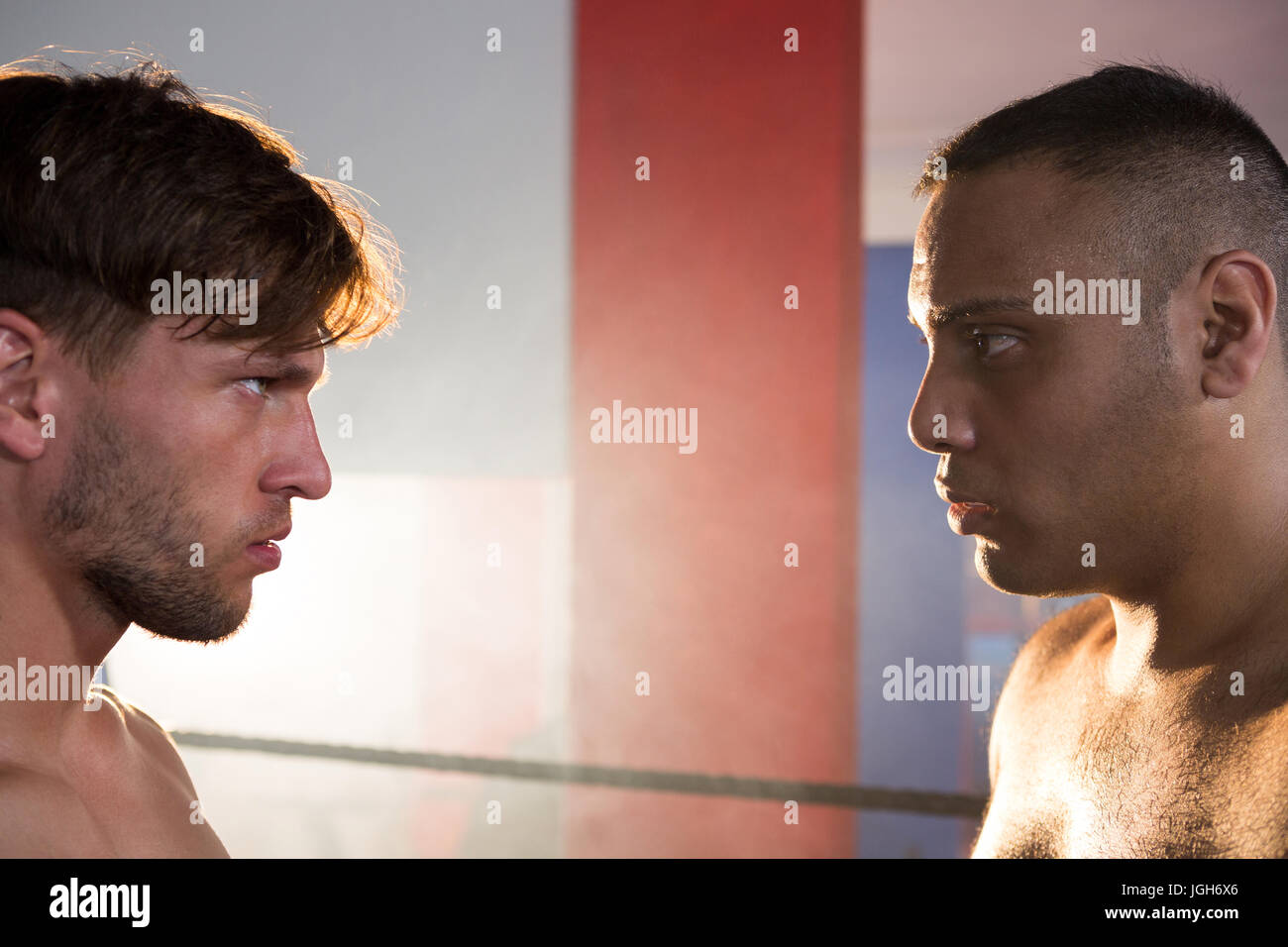 Side view of shirtless male boxers looking at each other in boxing ring ...