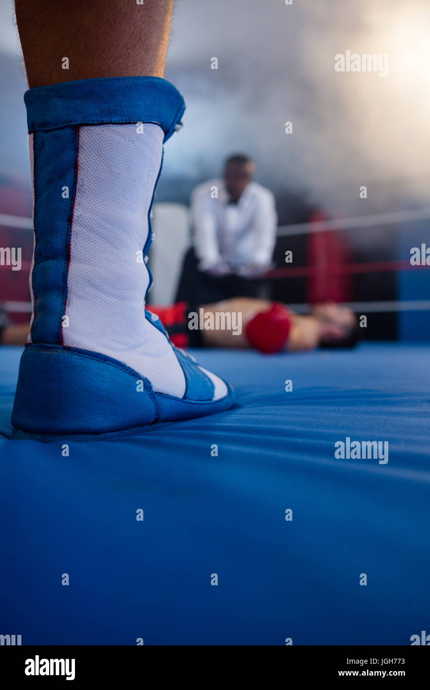 Low section of boxer standing against referee by athlete lying in ...