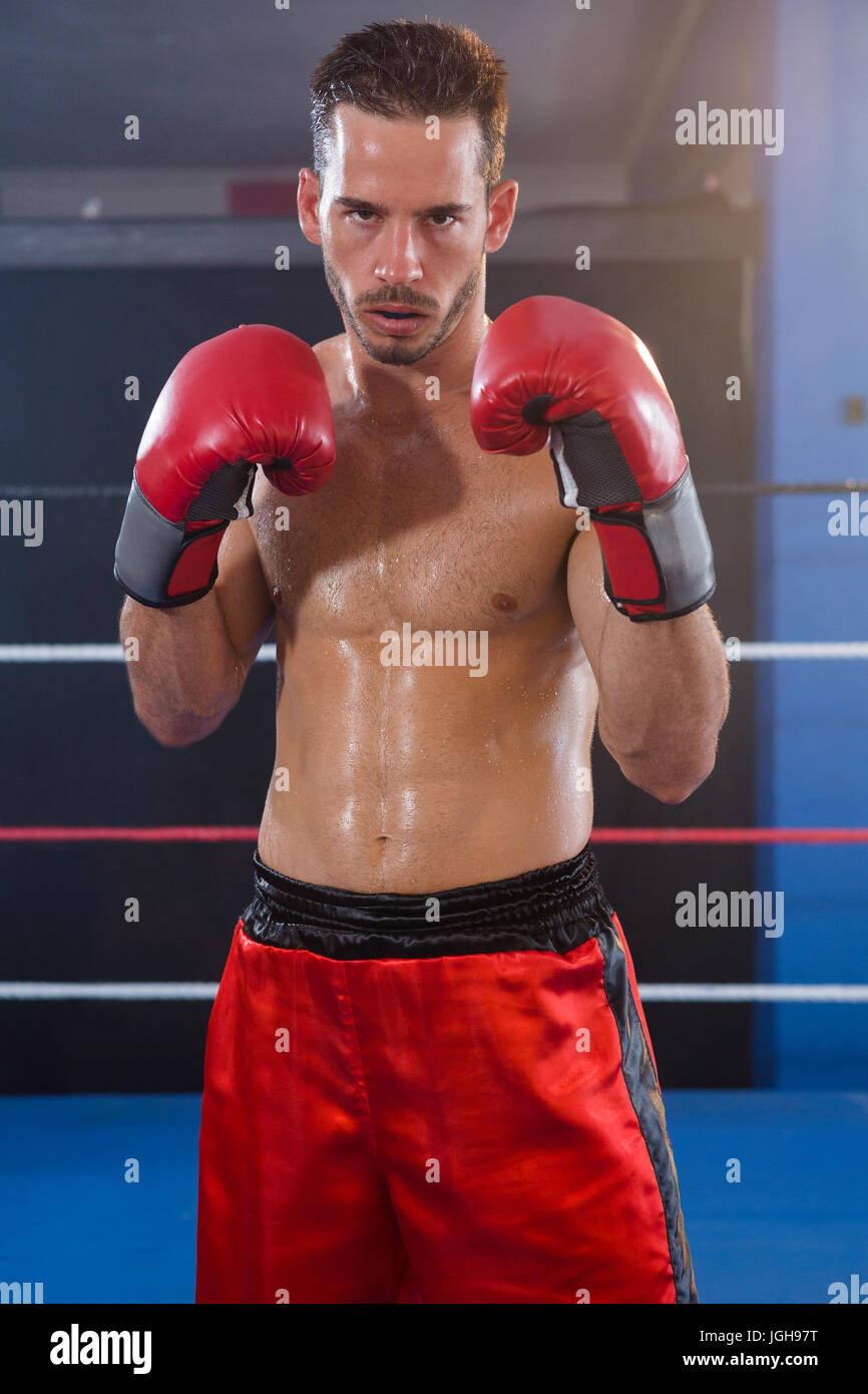 Portrait of confident male boxer standing in fighting stance at fitness ...