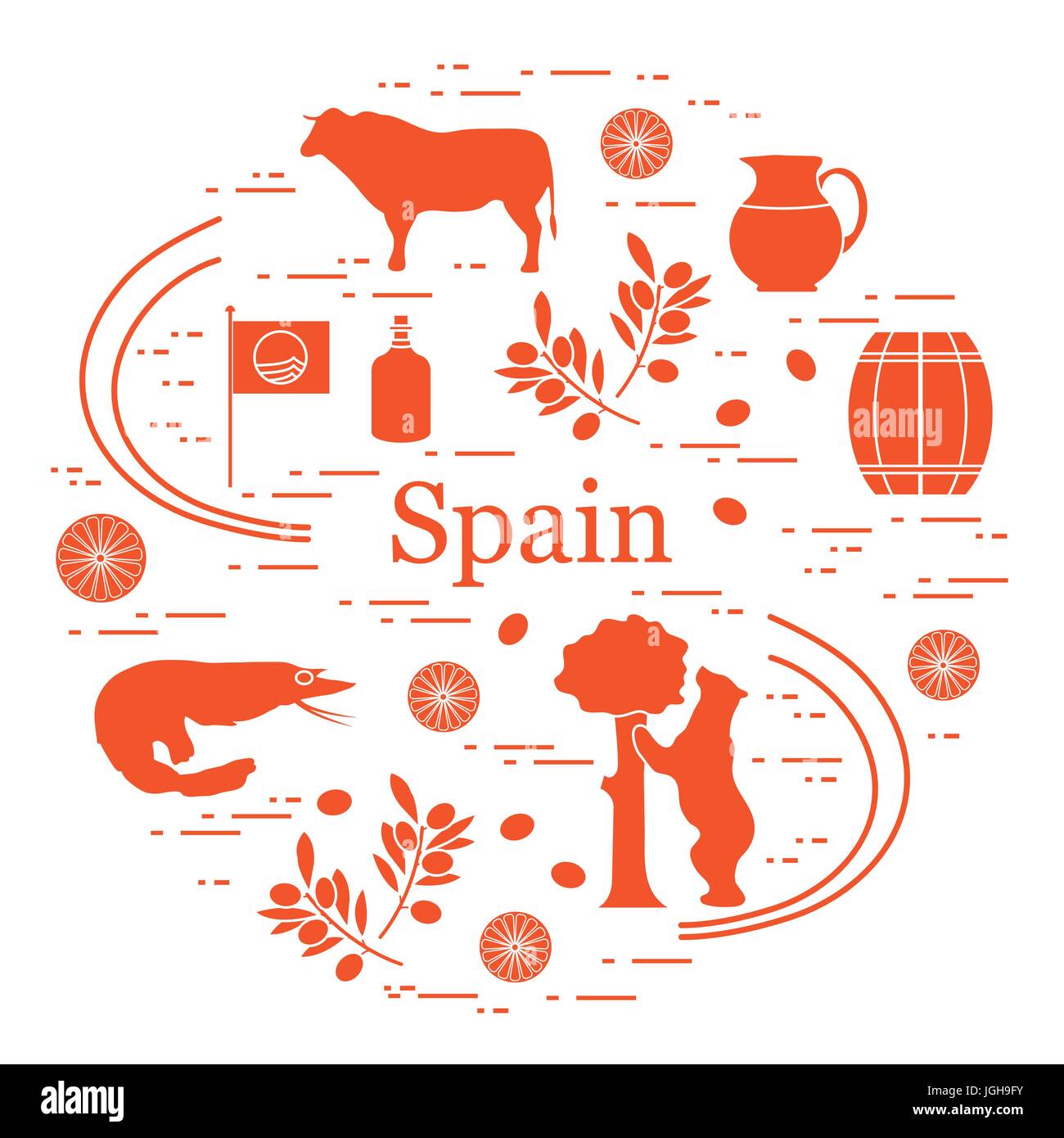 Vector illustration with various symbols of Spain arranged in a circle ...