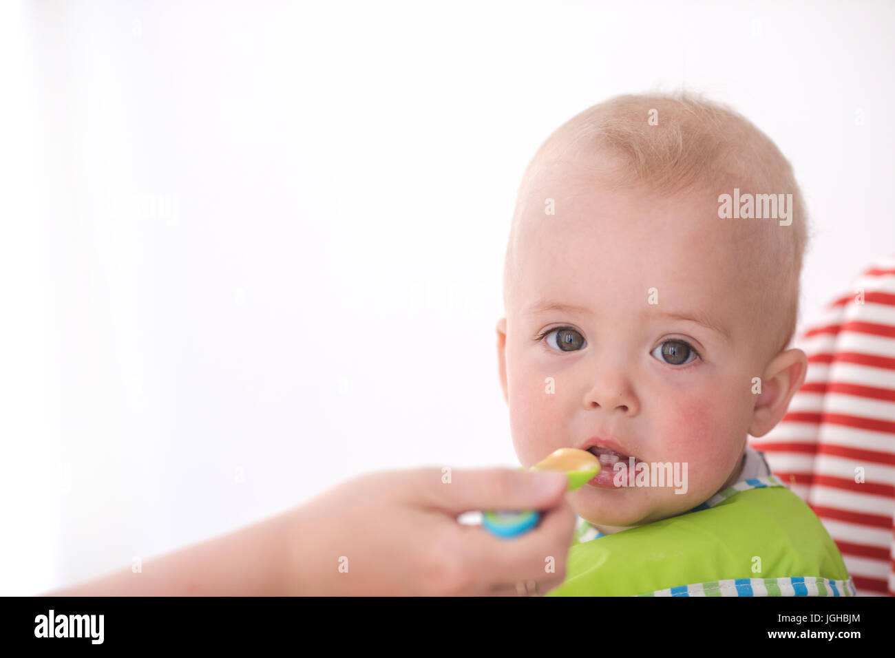 Parent feeding infant child on a white background Stock Photo - Alamy