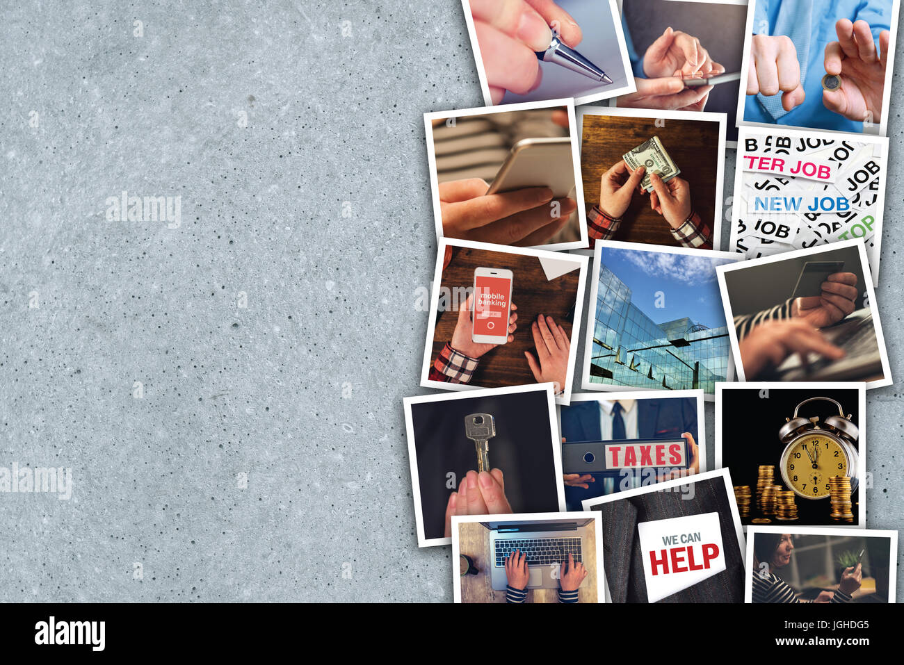 Business and entrepreneurship photo collage over gray concrete ...