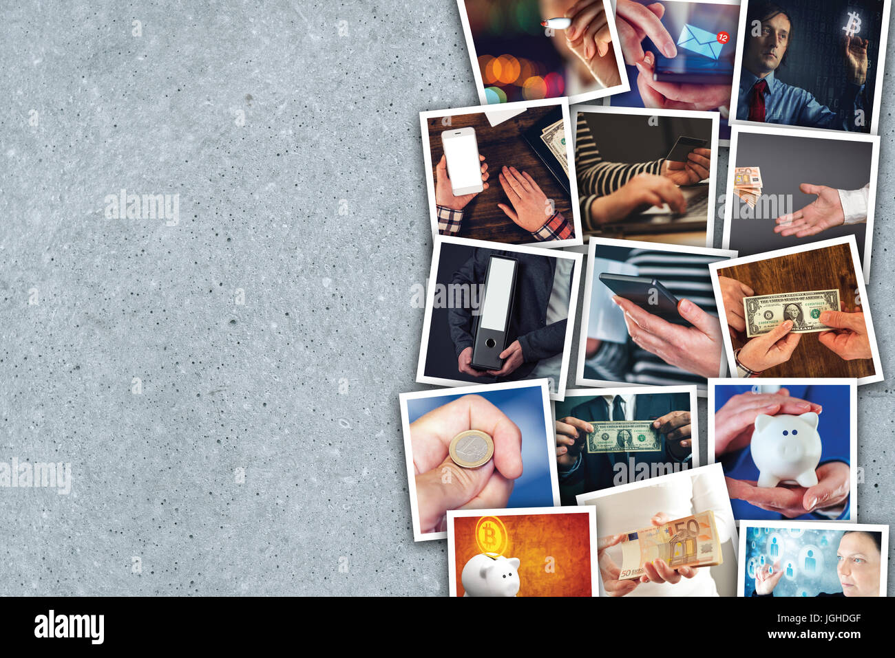 Business and entrepreneurship photo collage over gray concrete ...