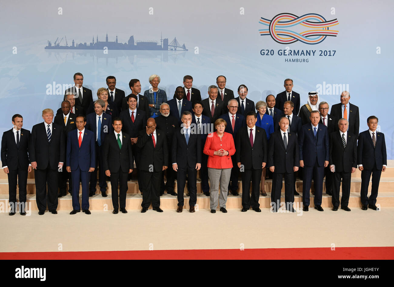 World leaders pose for a family photo during the G20 summit in Hamburg ...