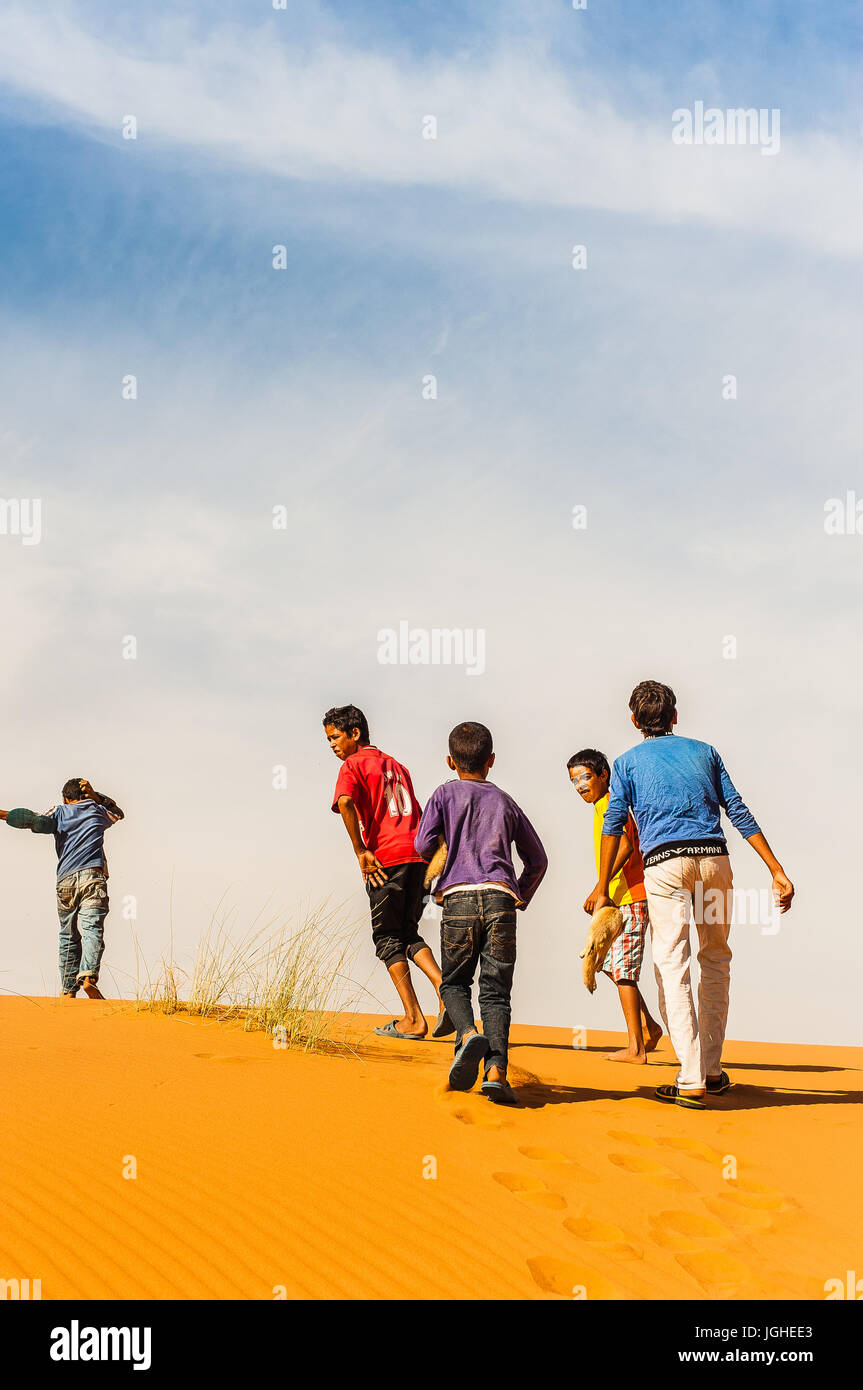 The boys caught a fox (Fennec) in the desert in Merzouga, Morocco Stock ...