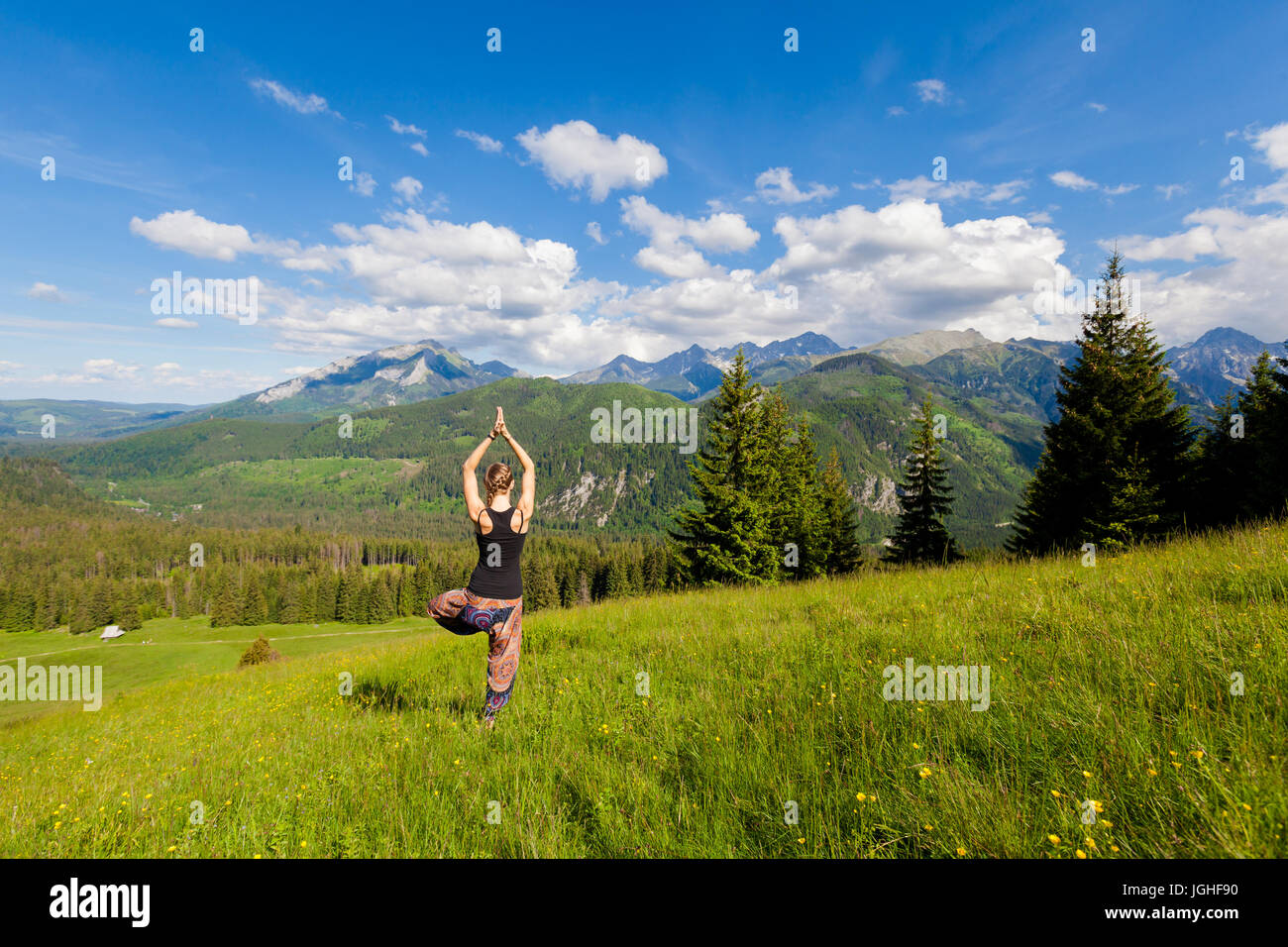 Summer yoga session in Tatra mountains. Vriksha-asana - tree pose ...