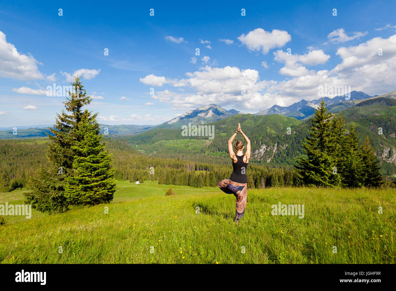 Summer yoga session in Tatra mountains. Vriksha-asana - tree pose ...