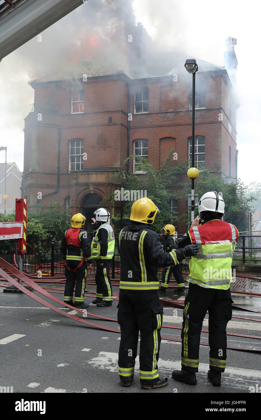 8 fire engines and 58 firefighters attend a fire at a derelict police ...
