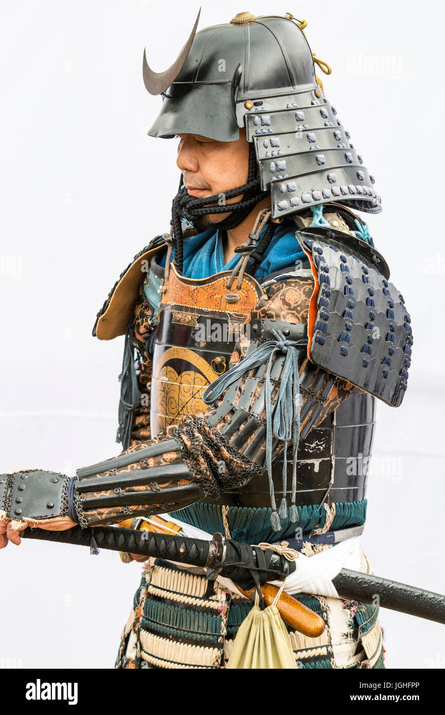 Japan, Tatsuno. April Festival. Smiling man dressed as Samurai warrior ...