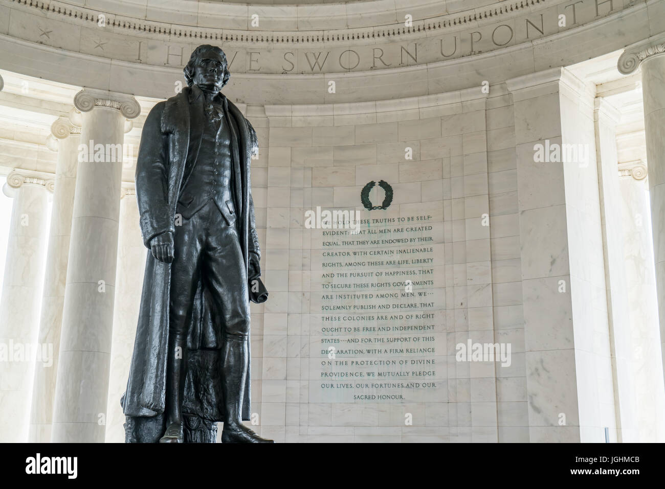 Statue of Thomas Jefferson with inscription from the Declaration of Independence inside the ...
