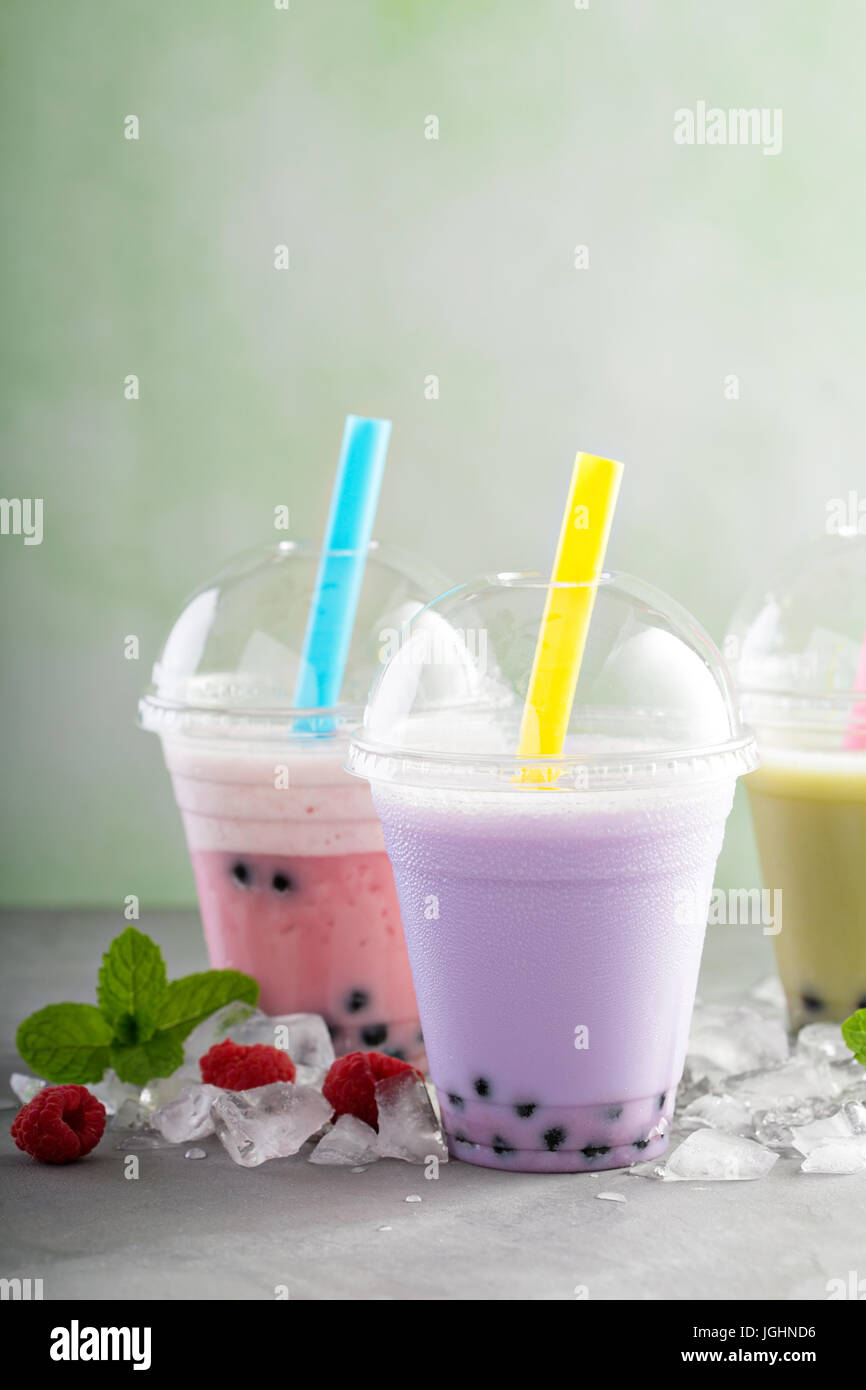 Variety of bubble tea in plastic cups Stock Photo - Alamy