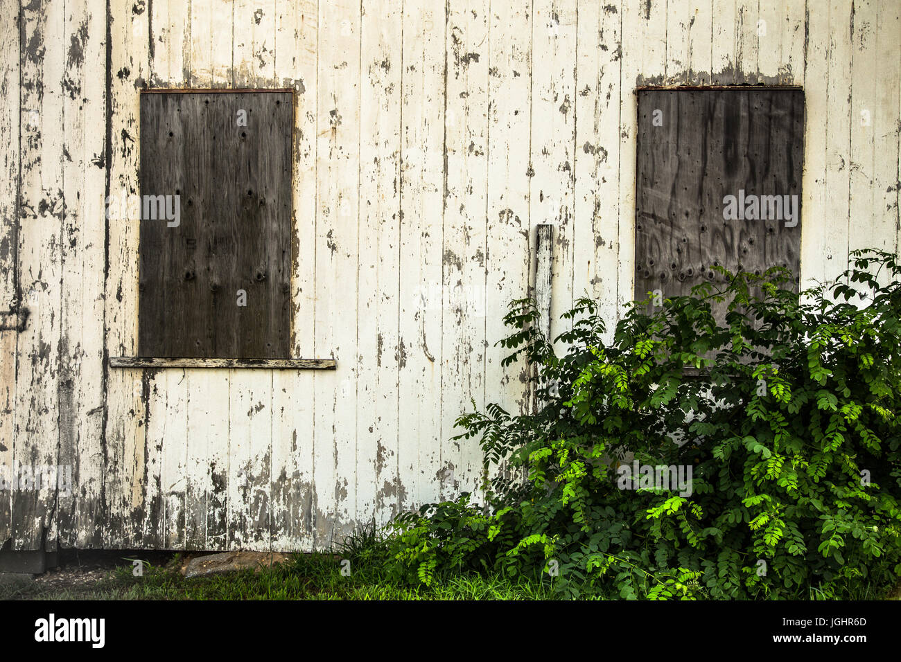 Abandoned white painted exterior barn wall with boarded windows Stock ...