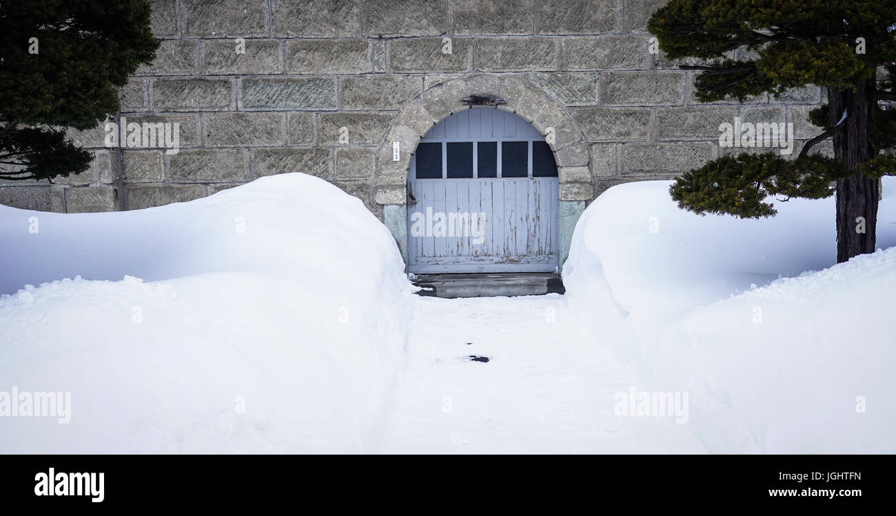 A door at old castle with pine trees in winter Stock Photo - Alamy
