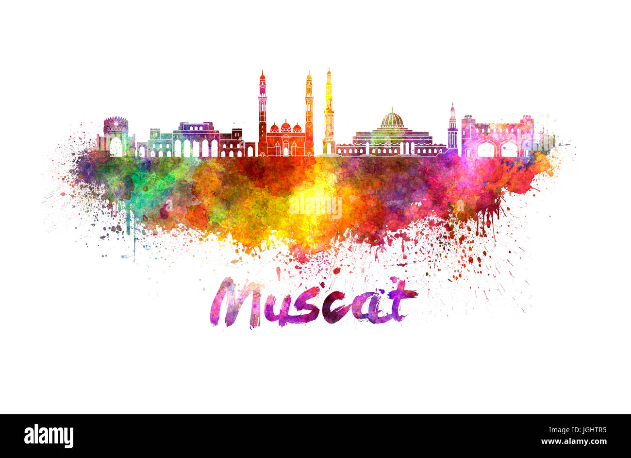 Muscat skyline in watercolor splatters with clipping path Stock Photo ...
