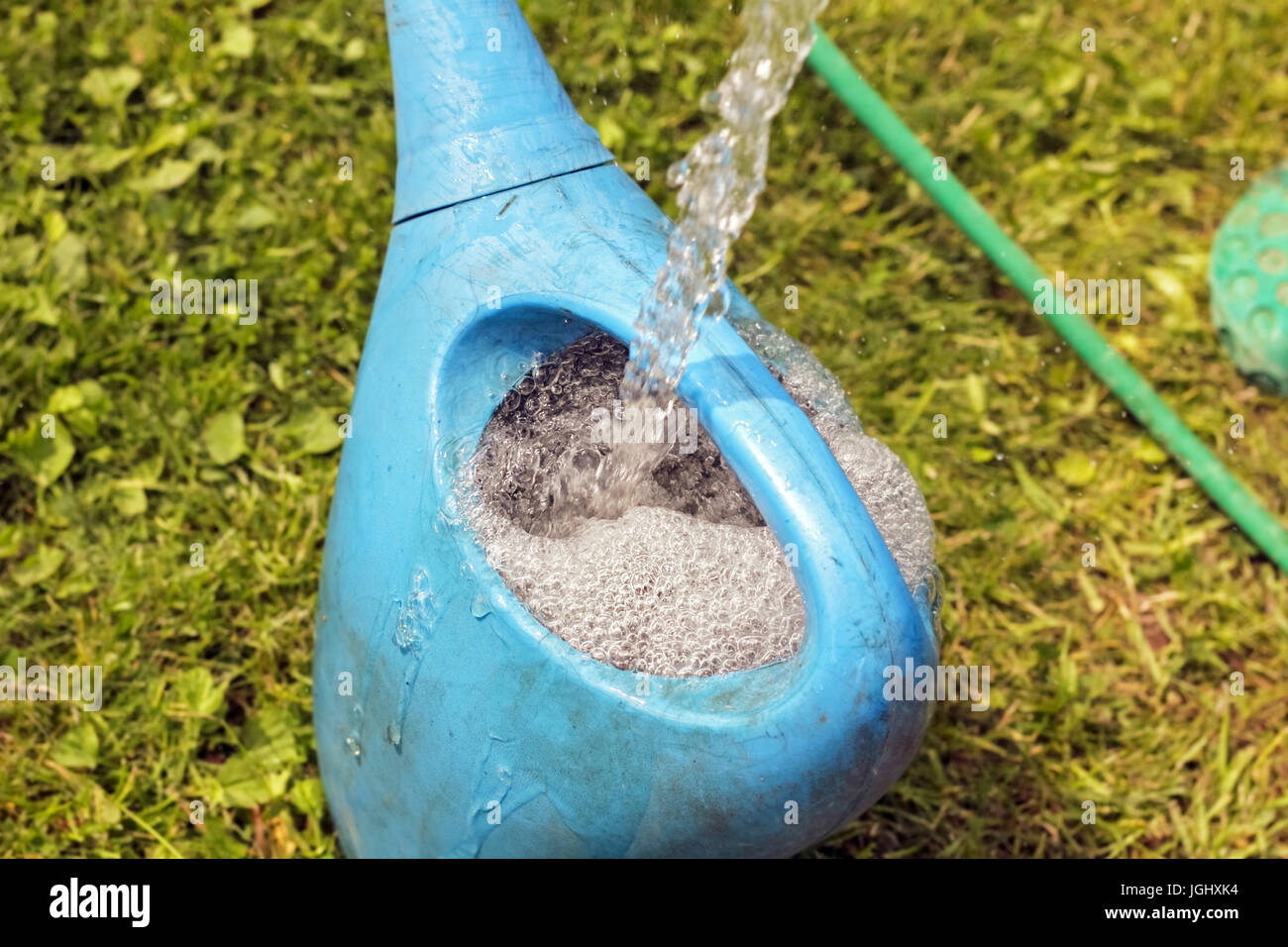 Water flows in blue plastic watering can at summer day Stock Photo - Alamy