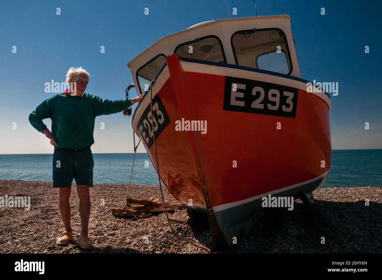 Branscomber fisherman John Hughes and his boat on Branscombe beach ...