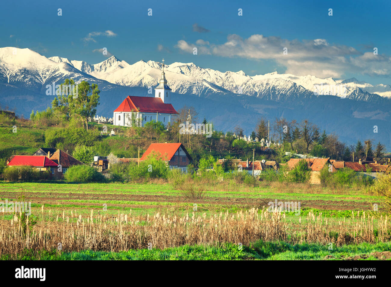 Amazing spring countryside landscape with church of Mandra and high ...