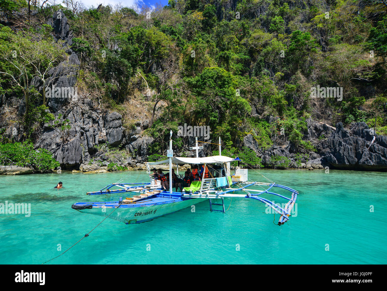 Coron, Philippines - Apr 9, 2017. A tourist boat on the sea in Coron ...