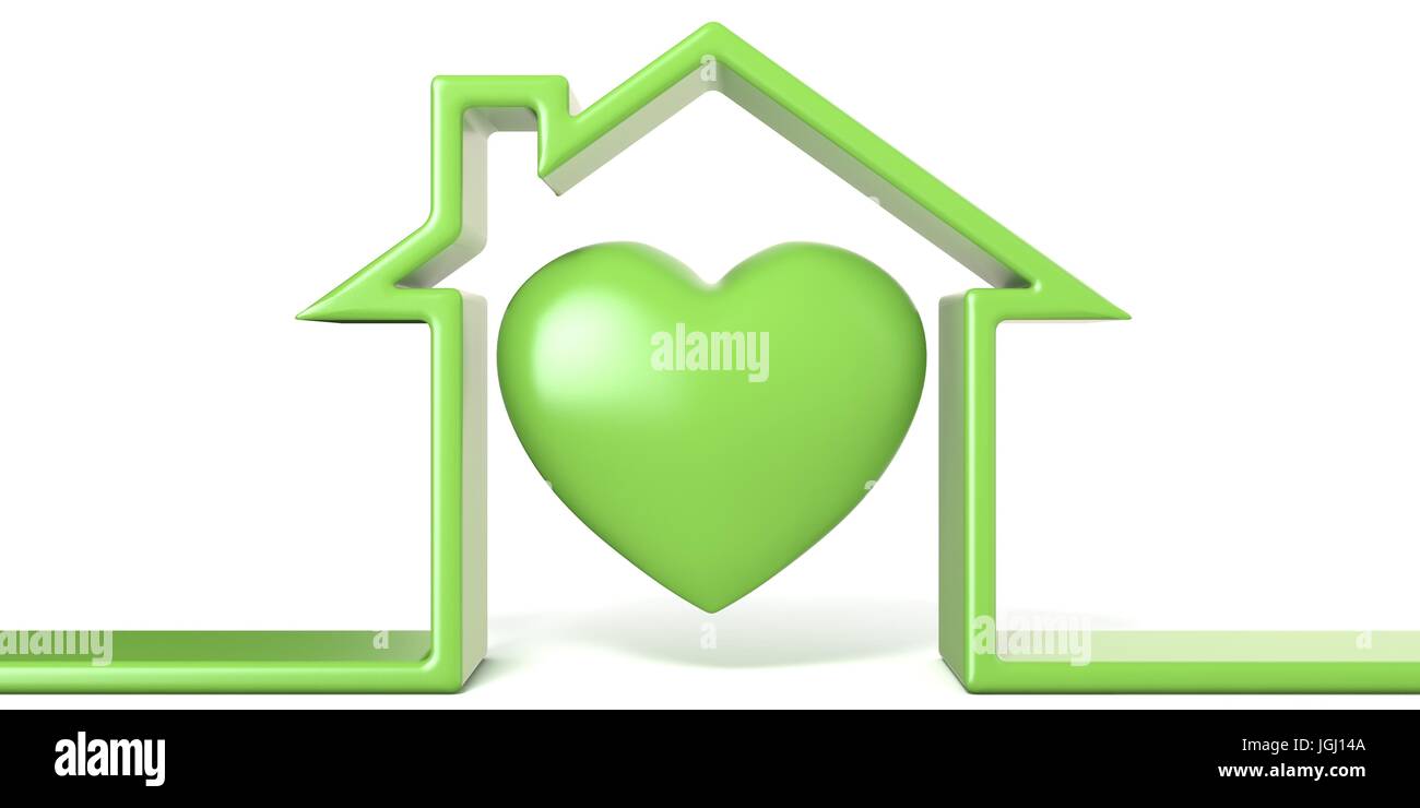 Heart in house made of green line 3D render illustration isolated on ...