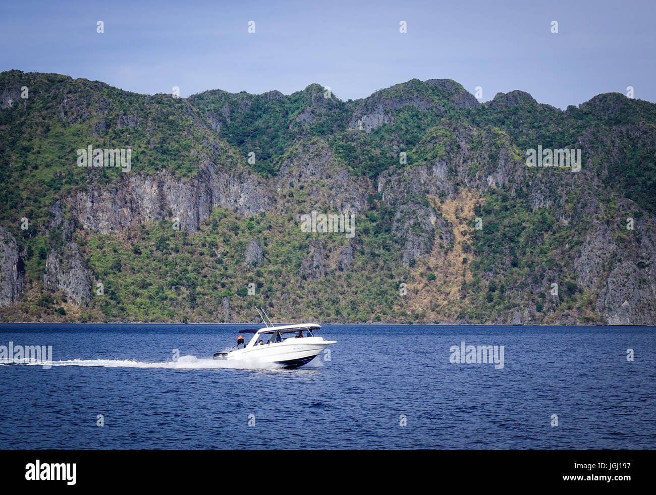 Coron, Philippines - Apr 8, 2017. A speedboat running on the sea in ...