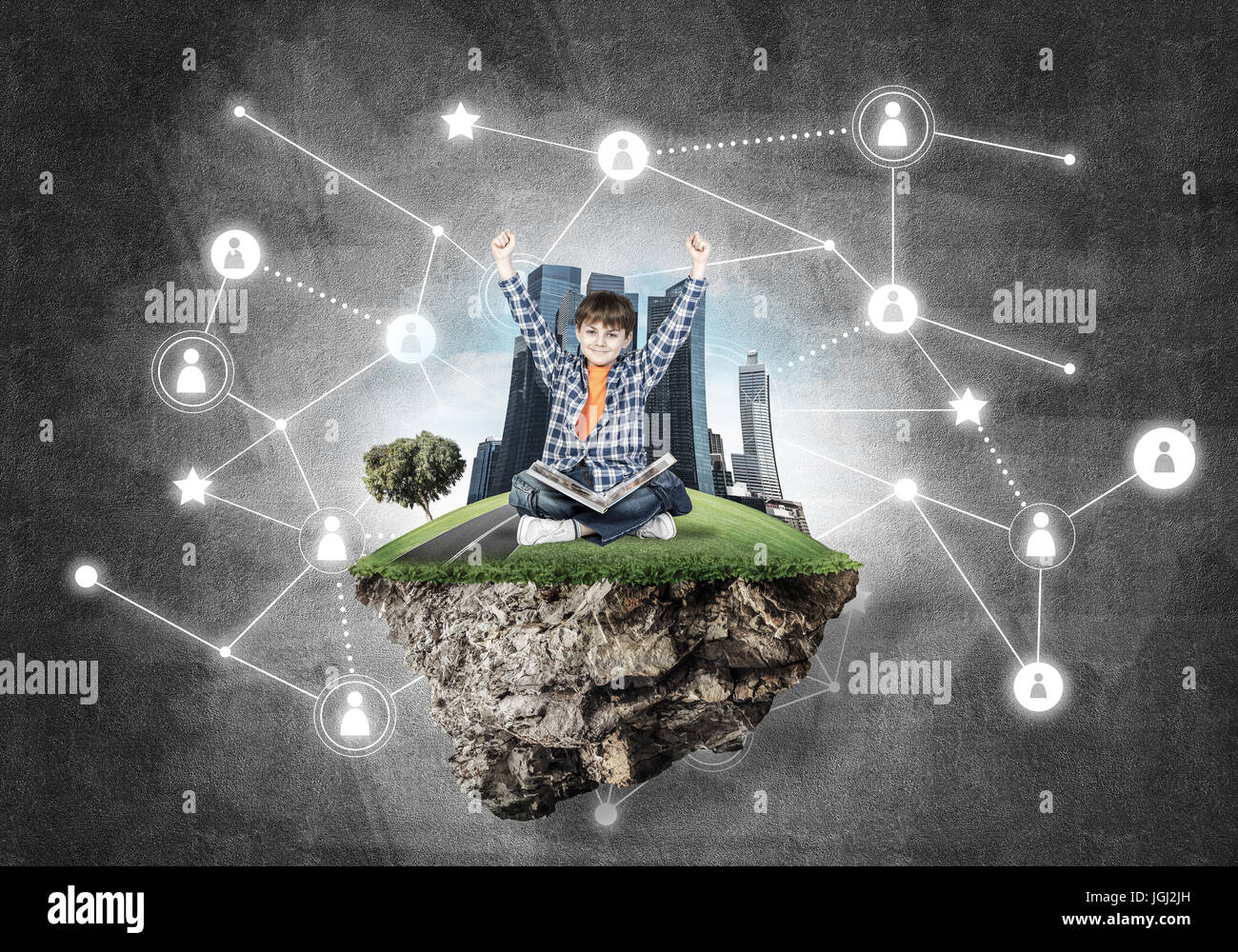 Cute boy of school age with book exploring this great world Stock Photo ...