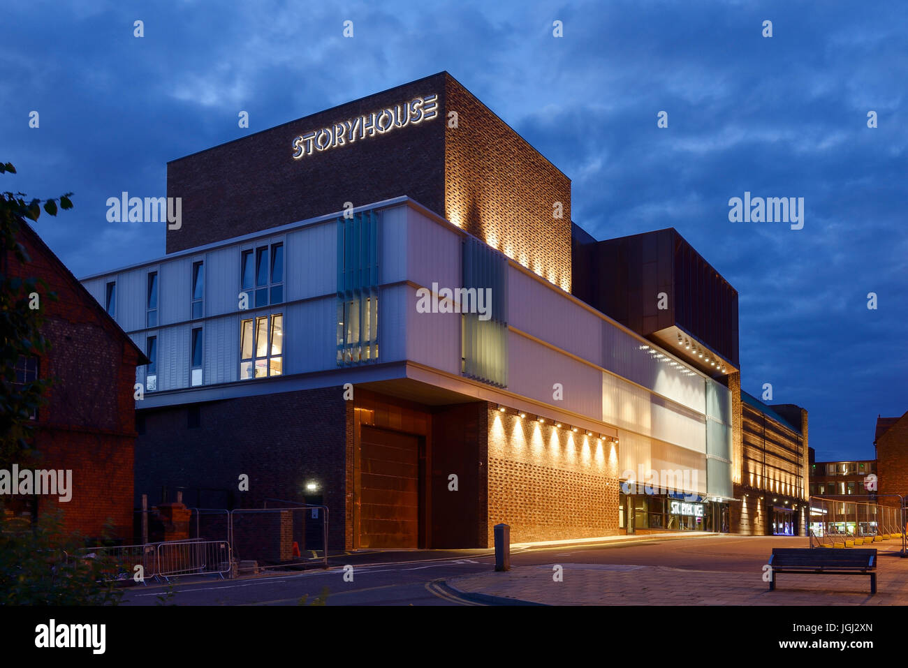 Dusk exterior view of the Storyhouse arts venue in Chester city centre ...