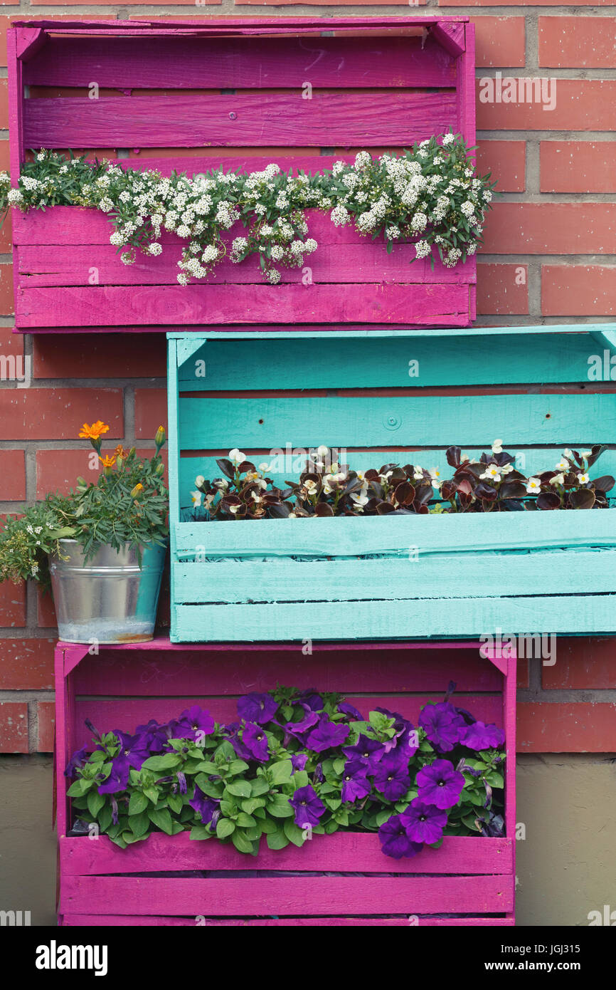 Bright colored wooden boxes with flowers. European exterior design ...
