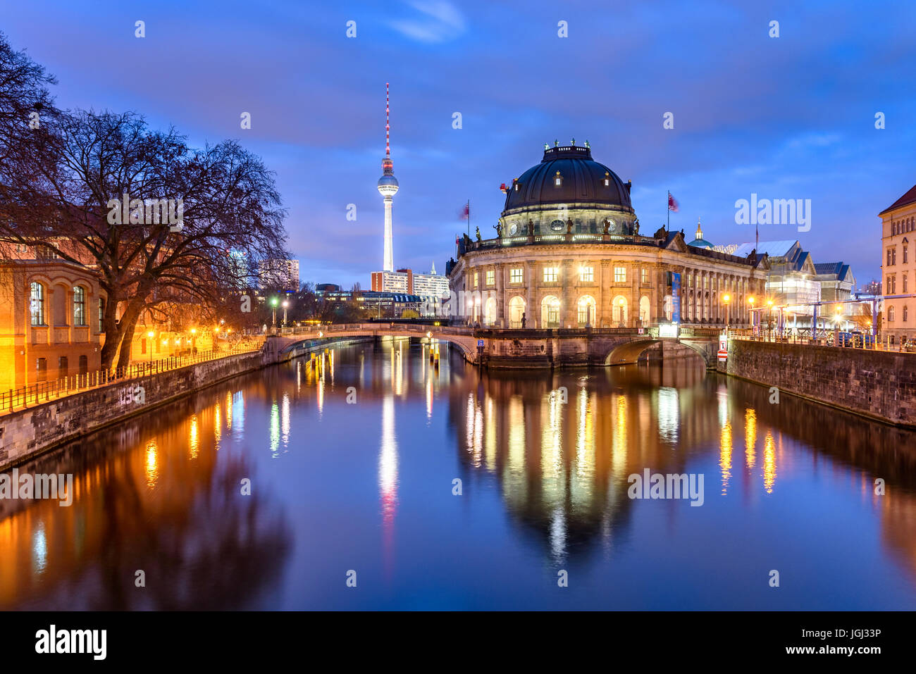 Pretty night time illumination of the museum island in Berlin Germany ...