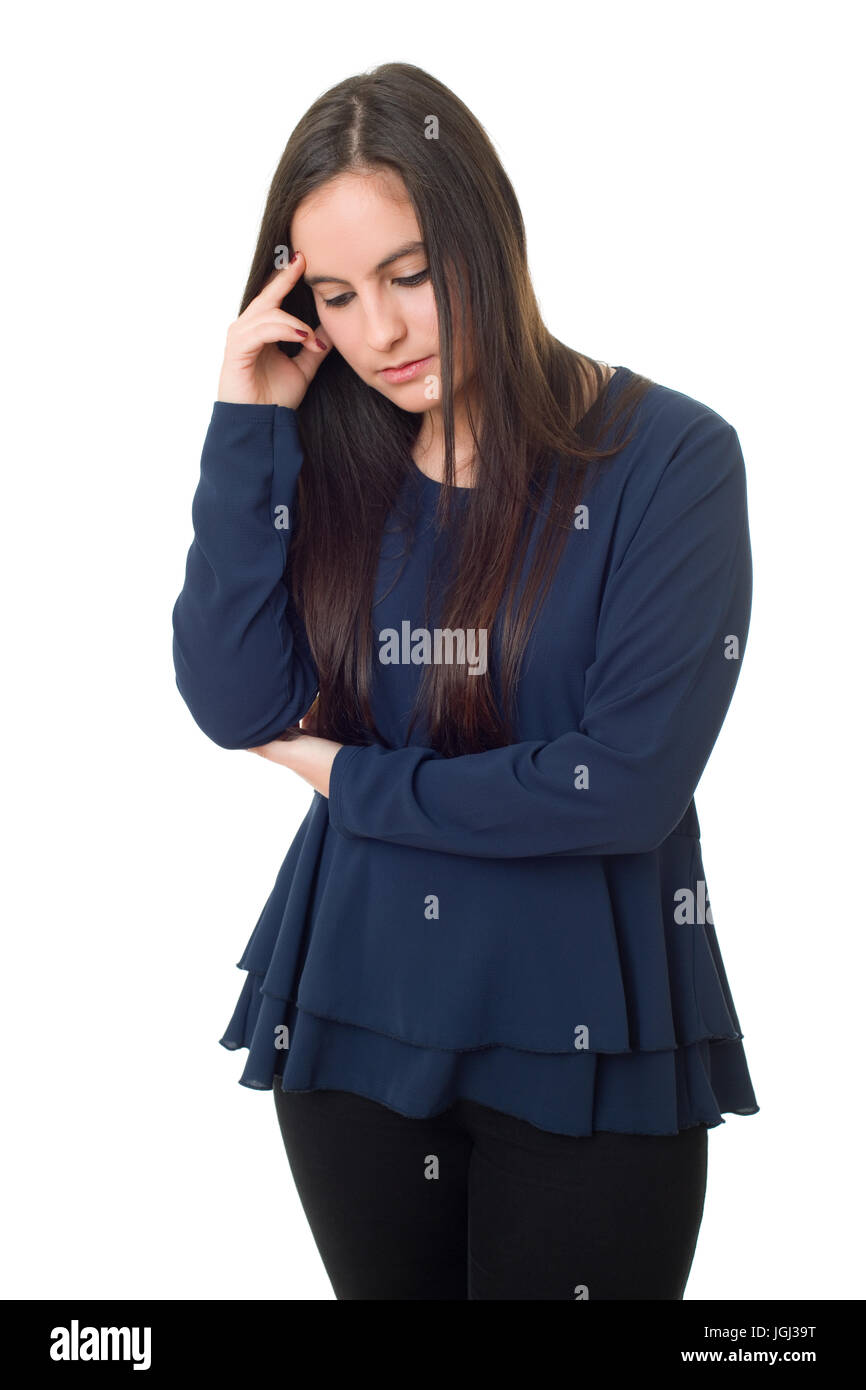 Young woman with a strong headache, isolated over white background ...