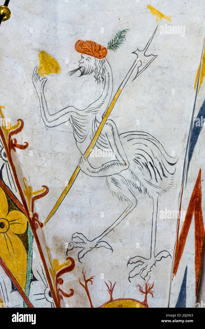 Fantasy bird with an human head holding a halberd, medieval fresco ...