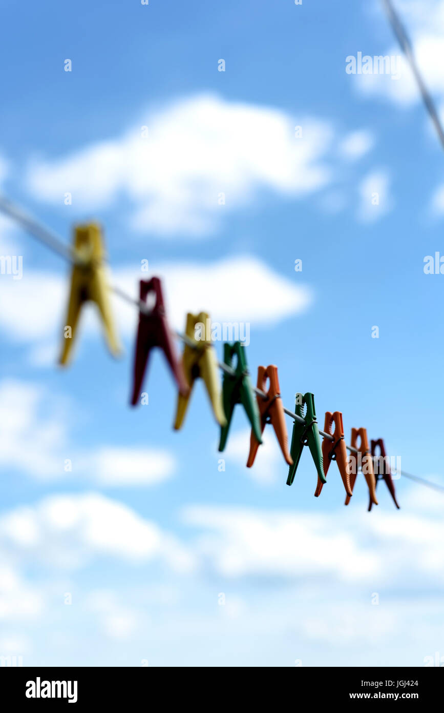 An assortment of brightly colored washing pegs and clothespins on a ...