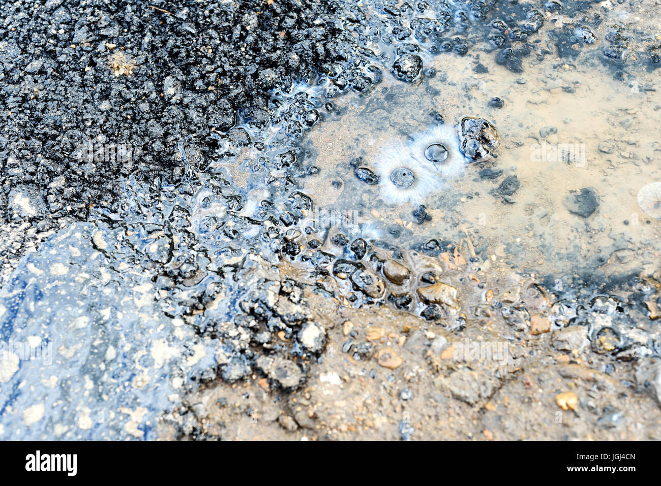 Black poured tar marks the pothole areas of a road so the holes in the ...
