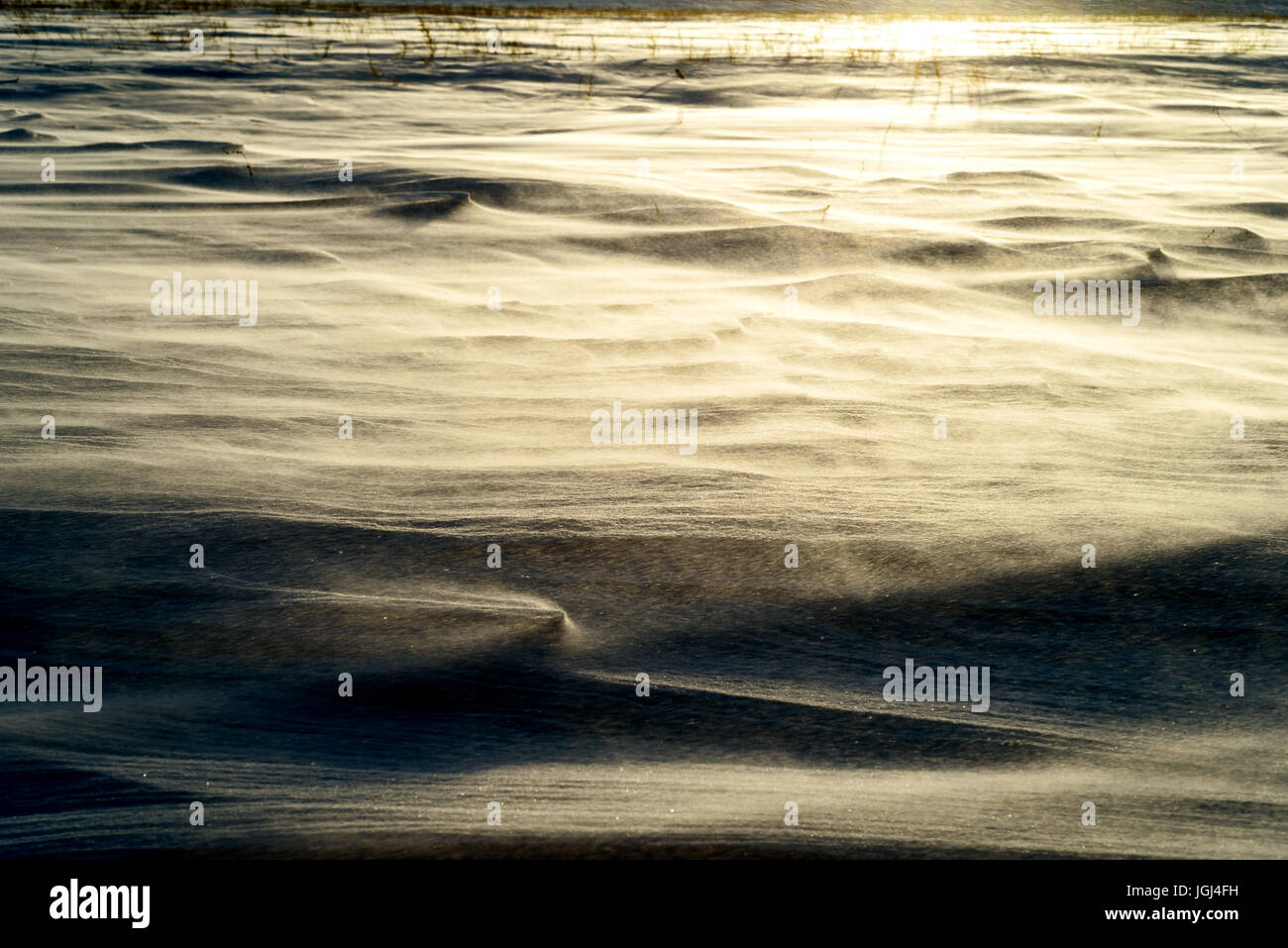 Strong winds blow across the surface of icy snow in the late setting ...