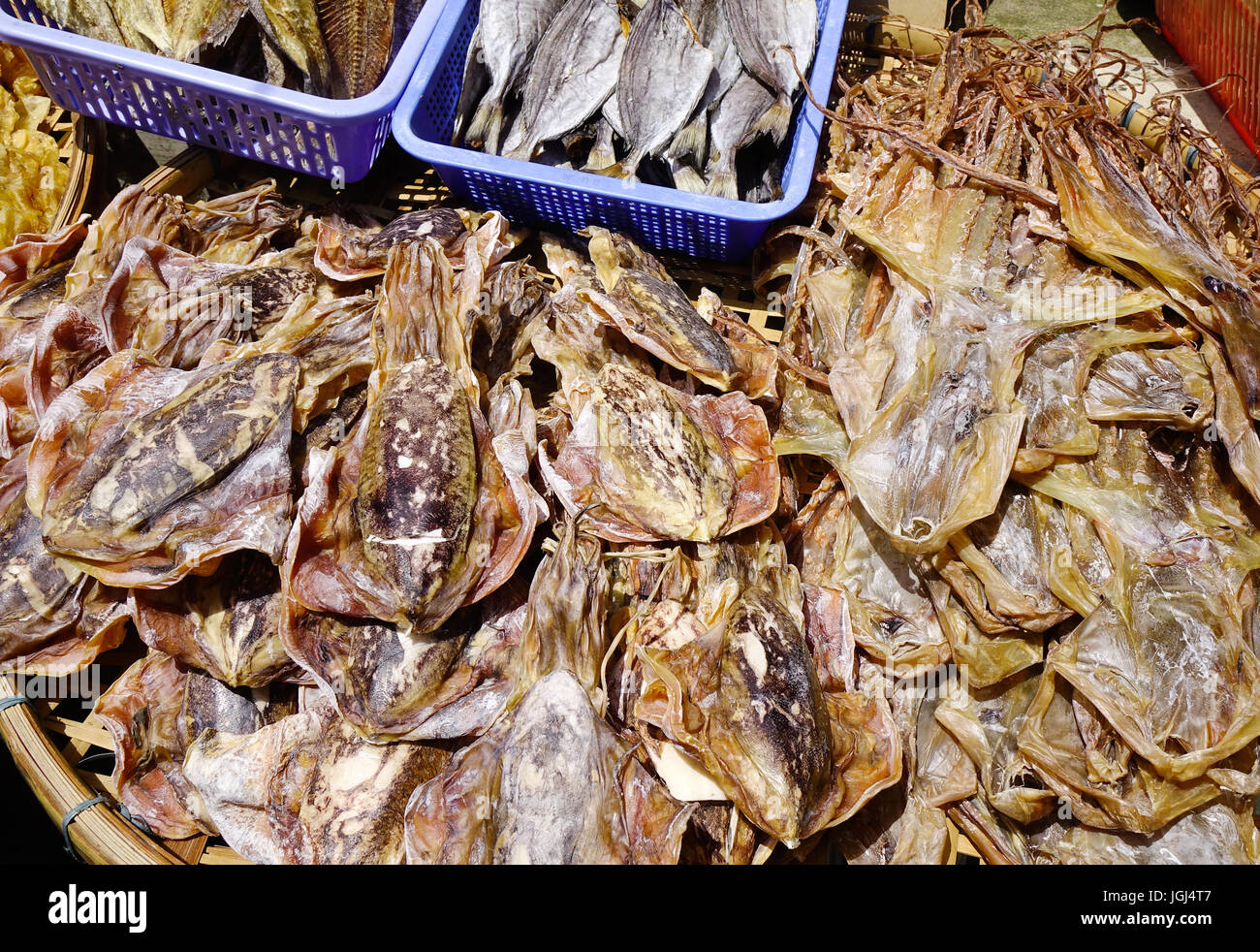Traditional Asian fish market stall, full of dried seafood. Closed up ...