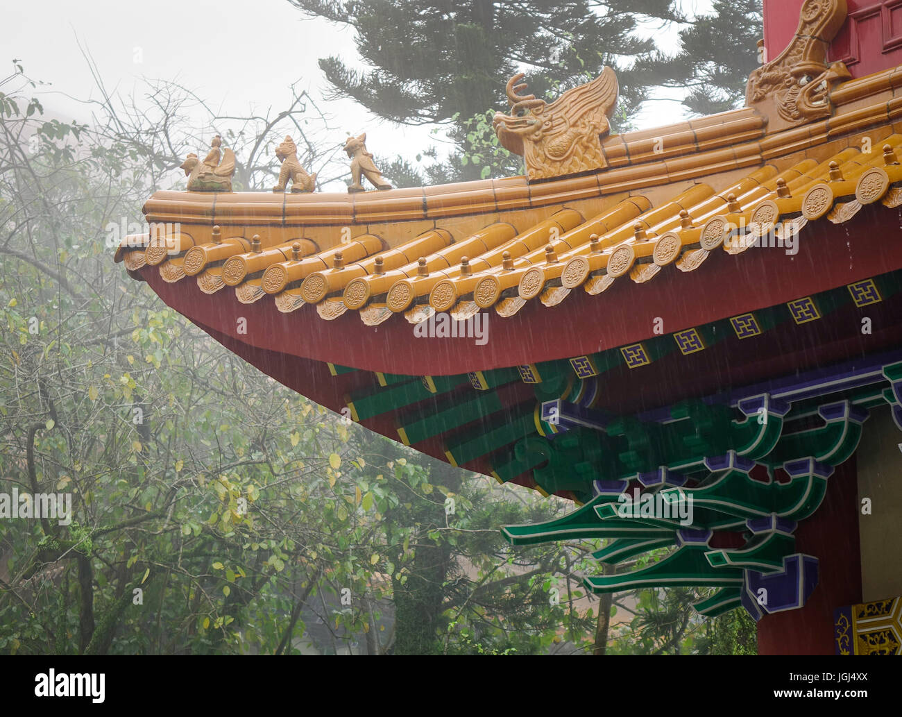 Details of Po Lin Monastery at rainy day in Hong Kong. Po Lin is an ...