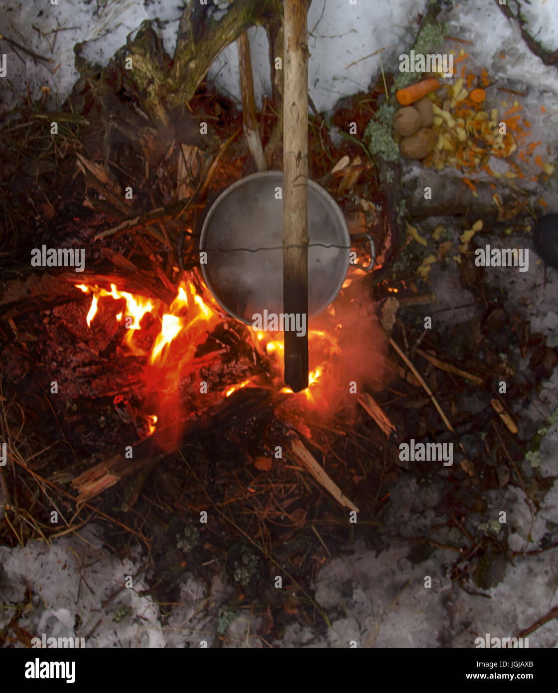 picnic in winter on nature of a bonfire. cooking in the campaign Stock ...