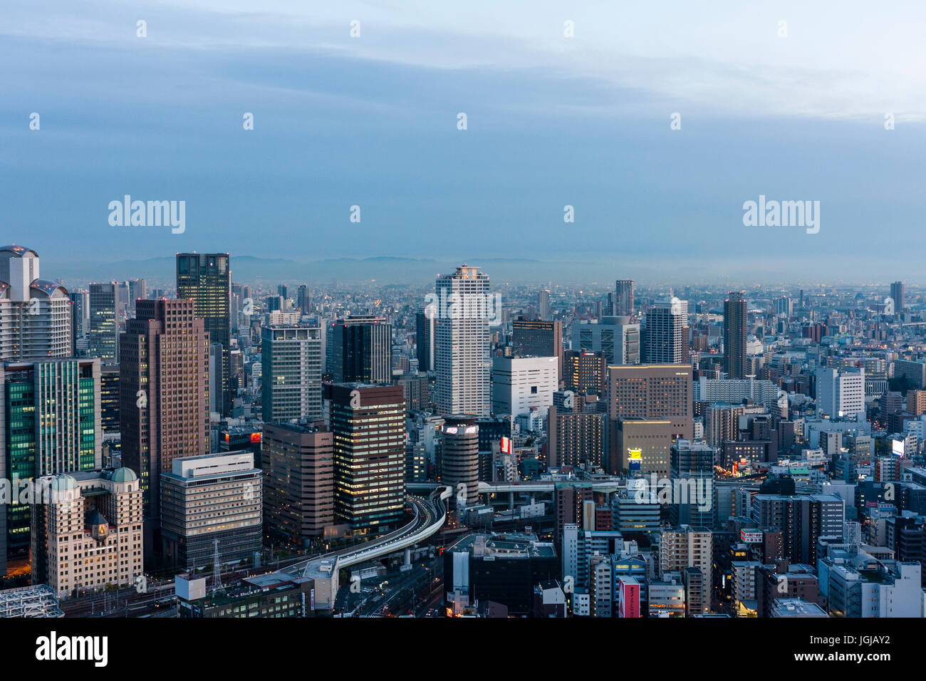 Osaka City, Japan. Evening twilight high angle view from top of Umeda ...