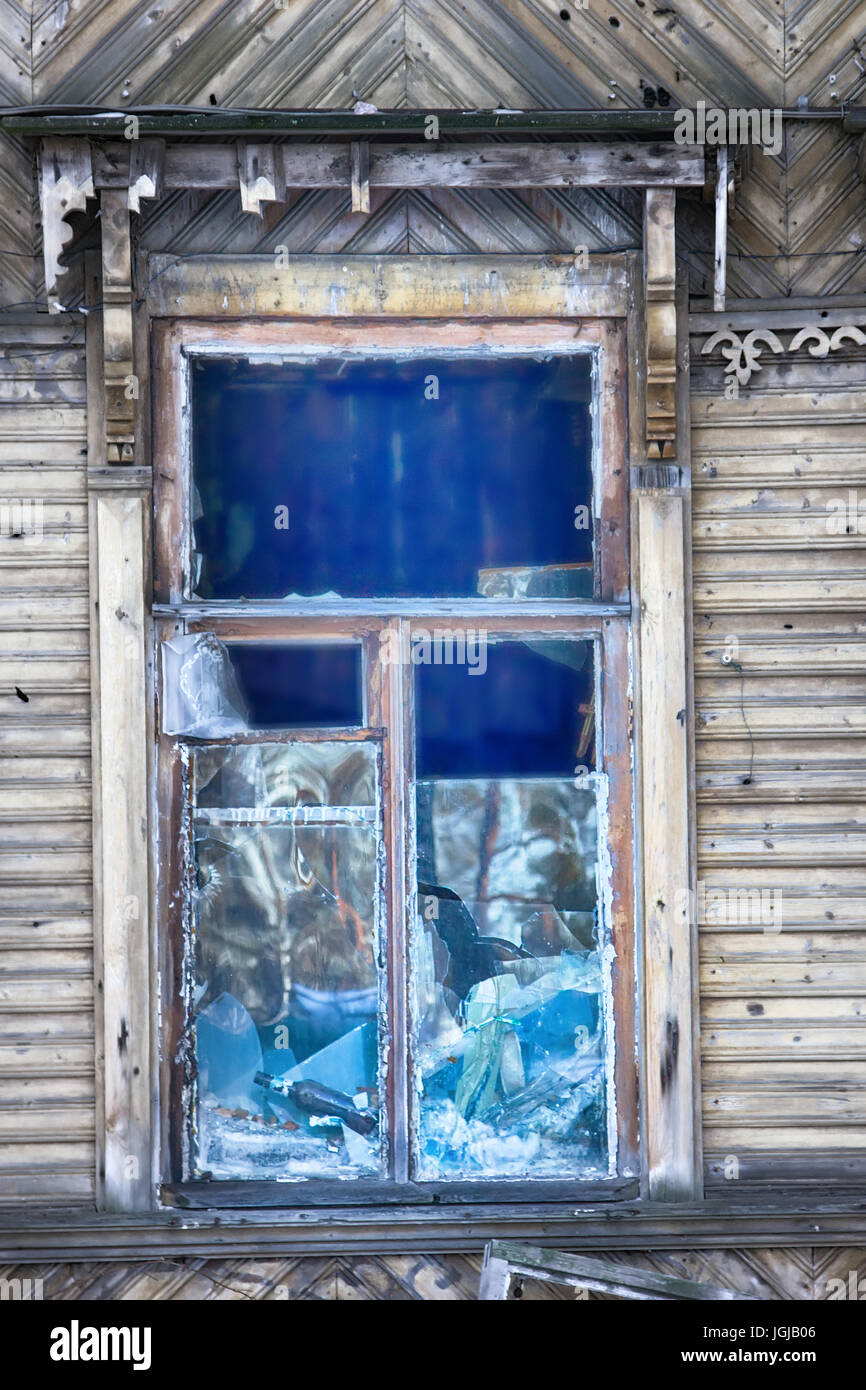 glass breakage, danger. big window with blue glass destruction Stock ...